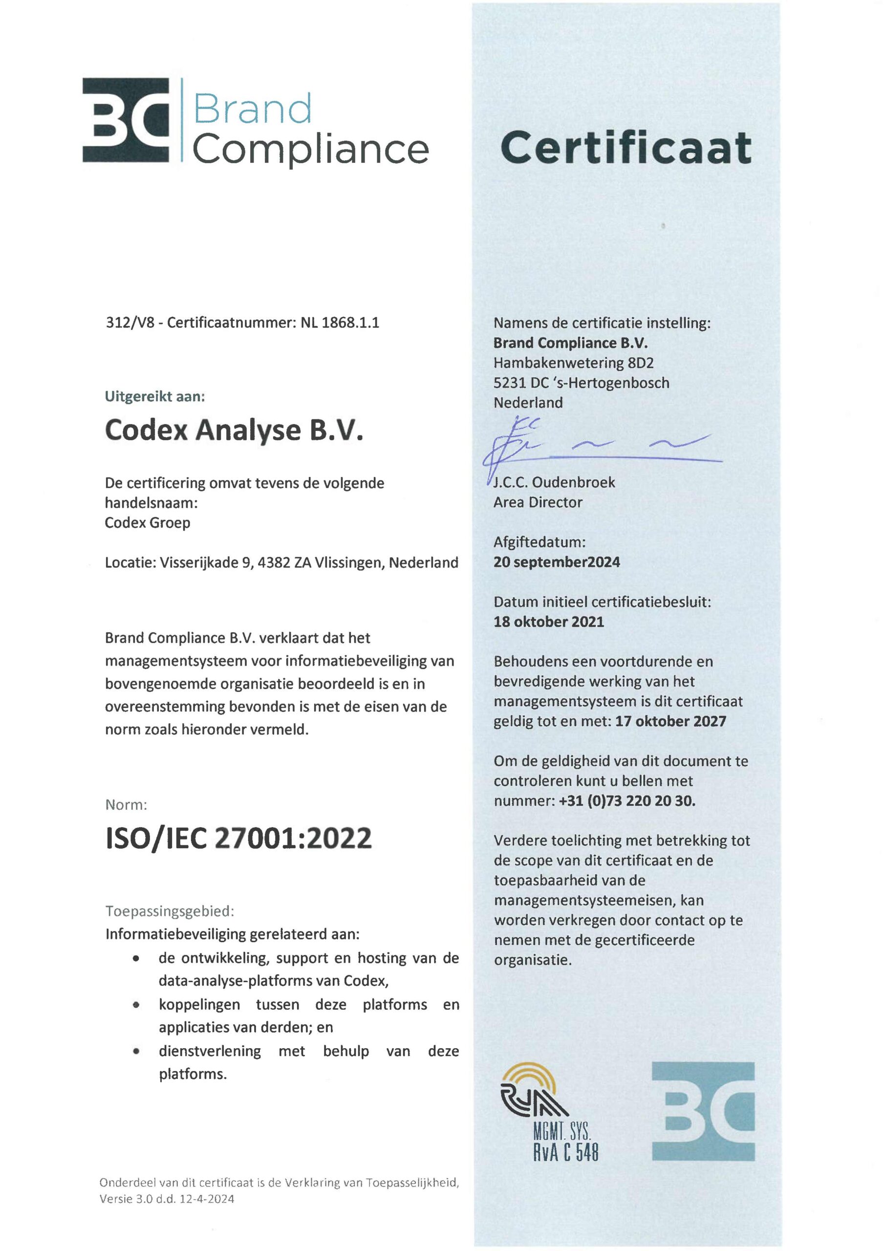 Codex certificaat iso 27001